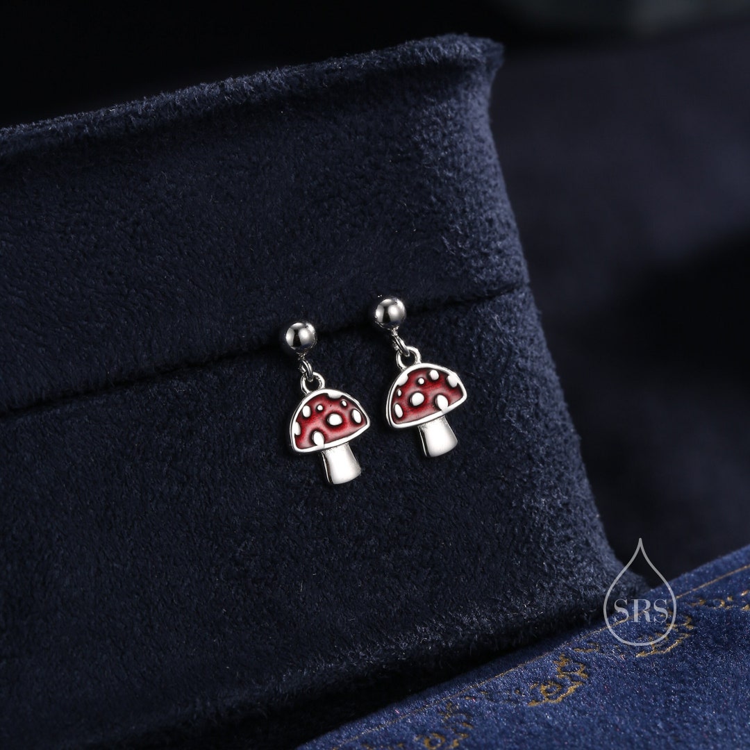 Dangling Mushroom Drop Stud Earrings in Sterling Silver, Mushroom Dangle Earrings, Red Enamel ...