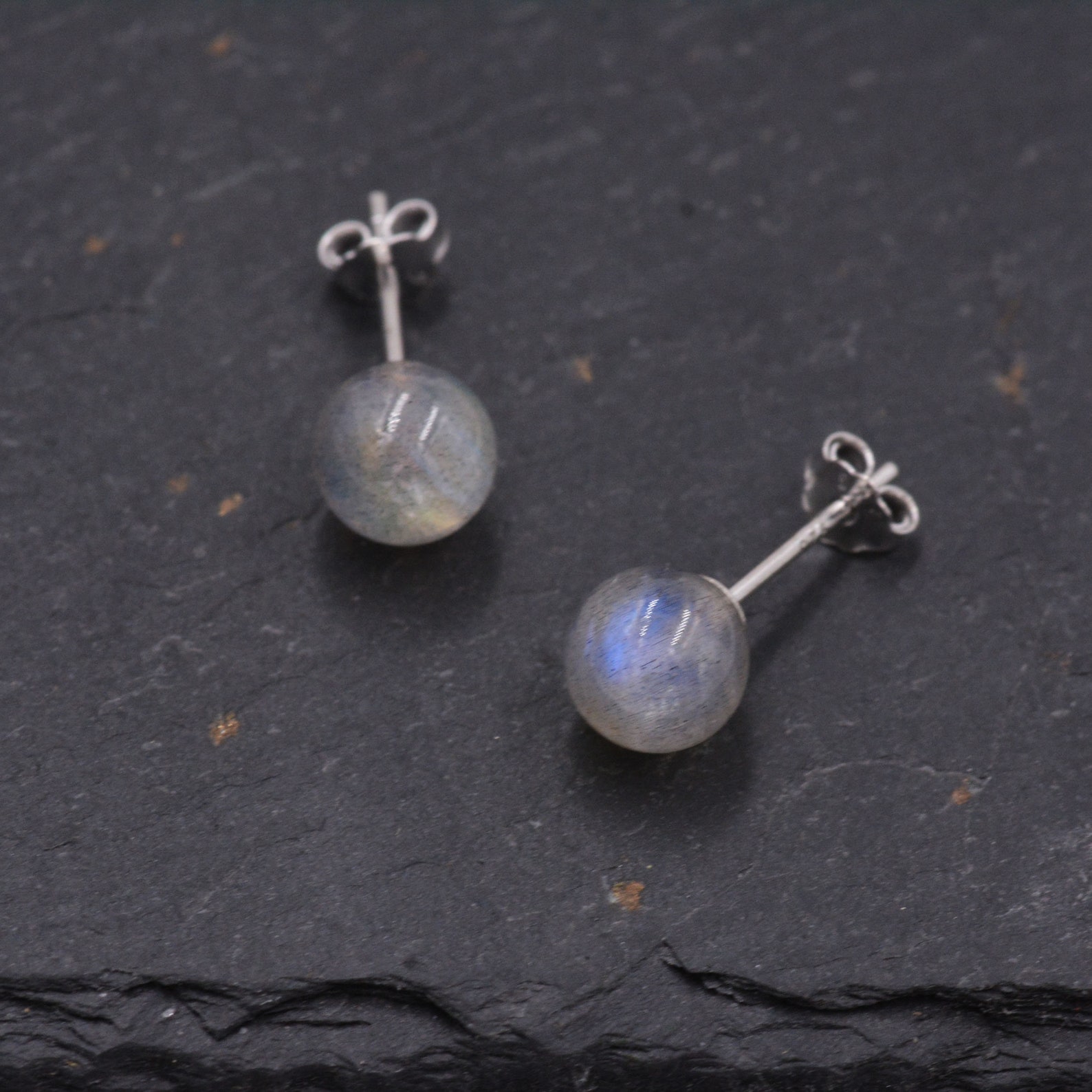 Grey Labradorite Gemstone Stud Earrings, Simple Ball Earrings, Sterling ...