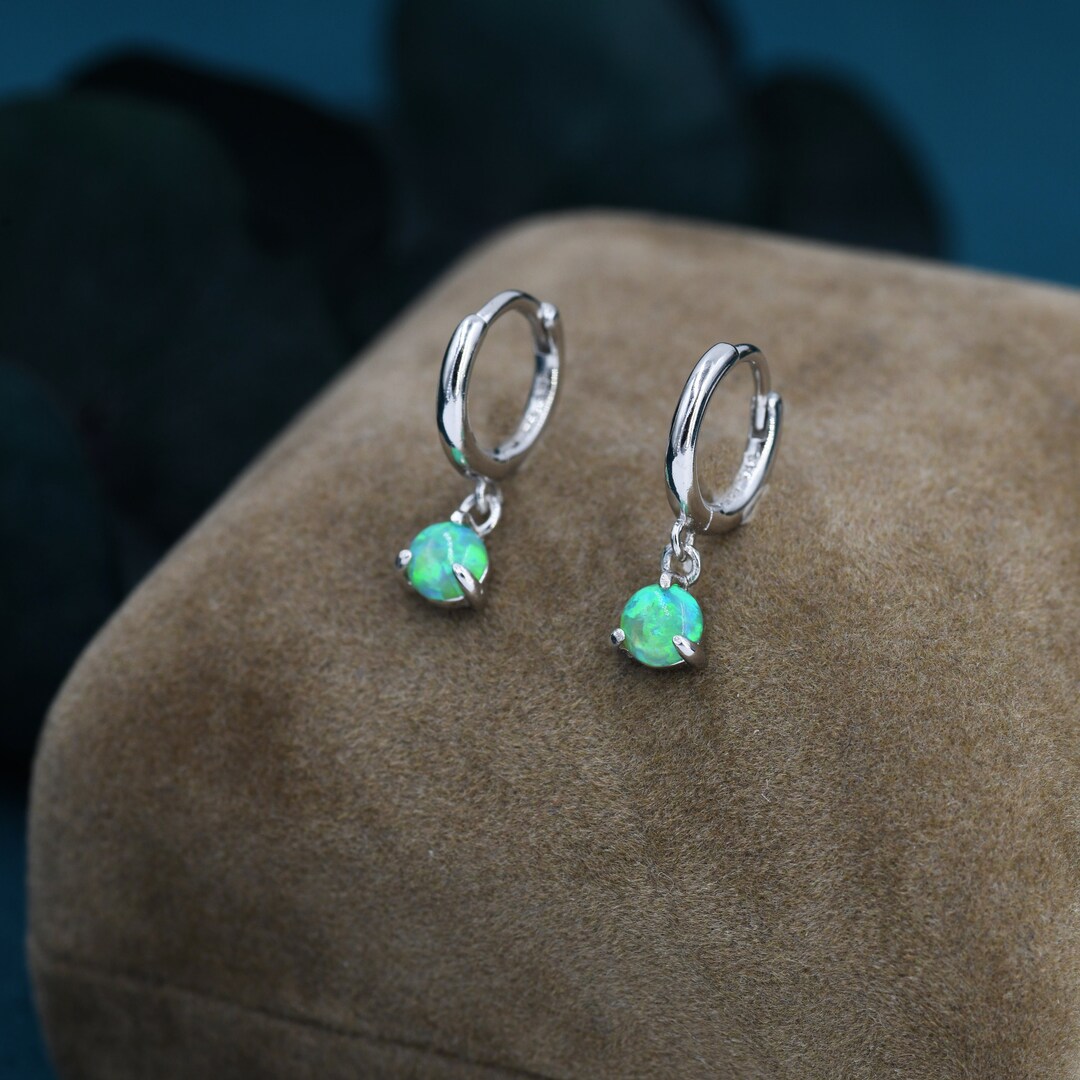 Green Opal Dot Dangle Huggie Hoop Earrings in Sterling Silver, 4mm Tiny Opal Hoops, Opal Hoops ...