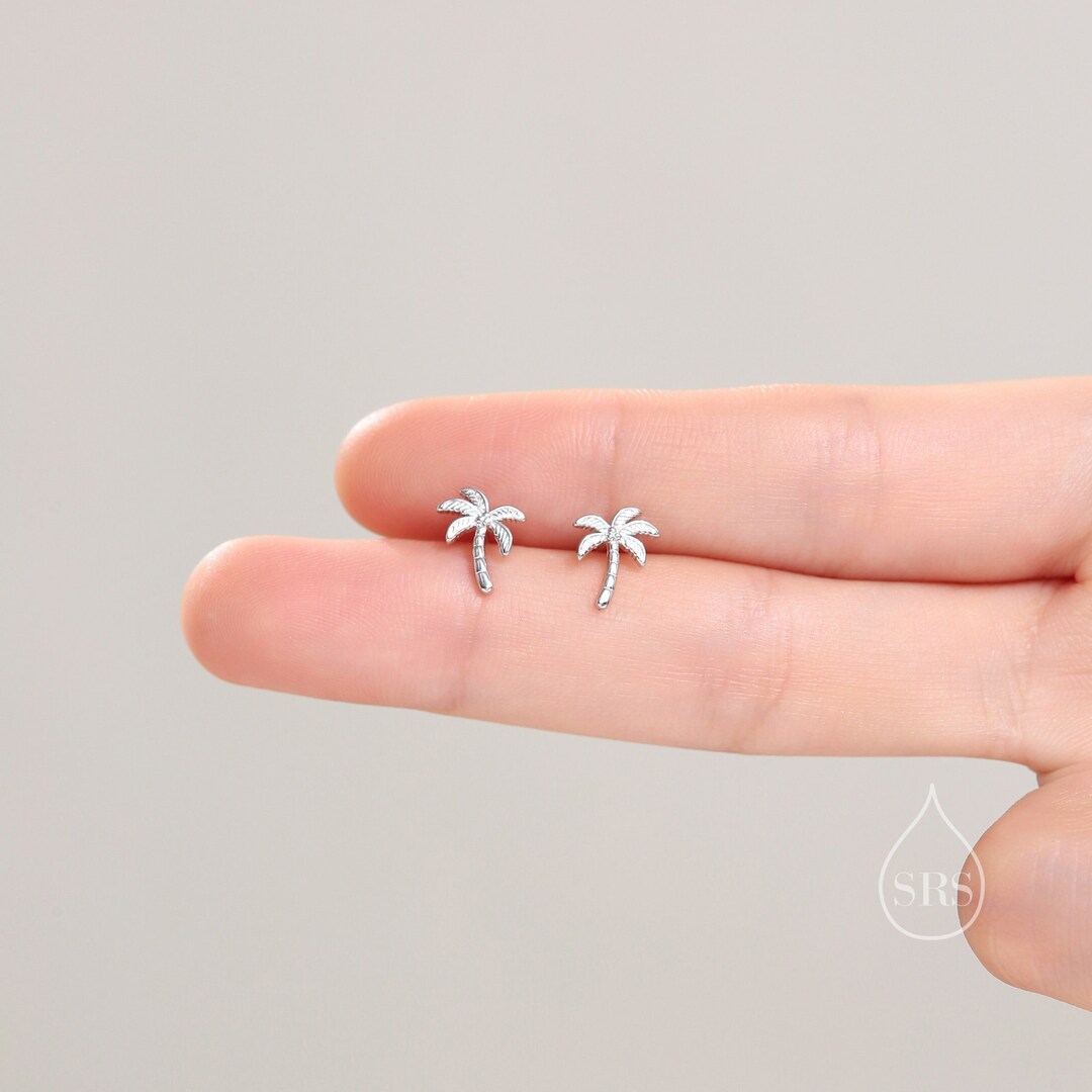 Sterling Silver Tiny Palm Tree Stud Earrings Earrings, Silver or Gold or Rose Gold, Small Palm ...