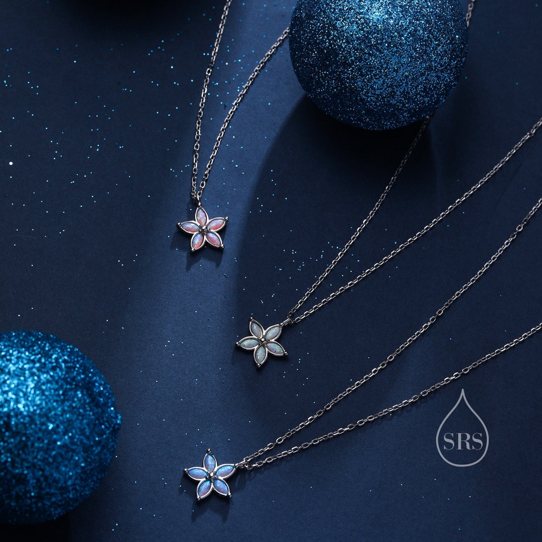 Opal Flower Pendant Necklace in Sterling Silver With Opal, Blue, White ...