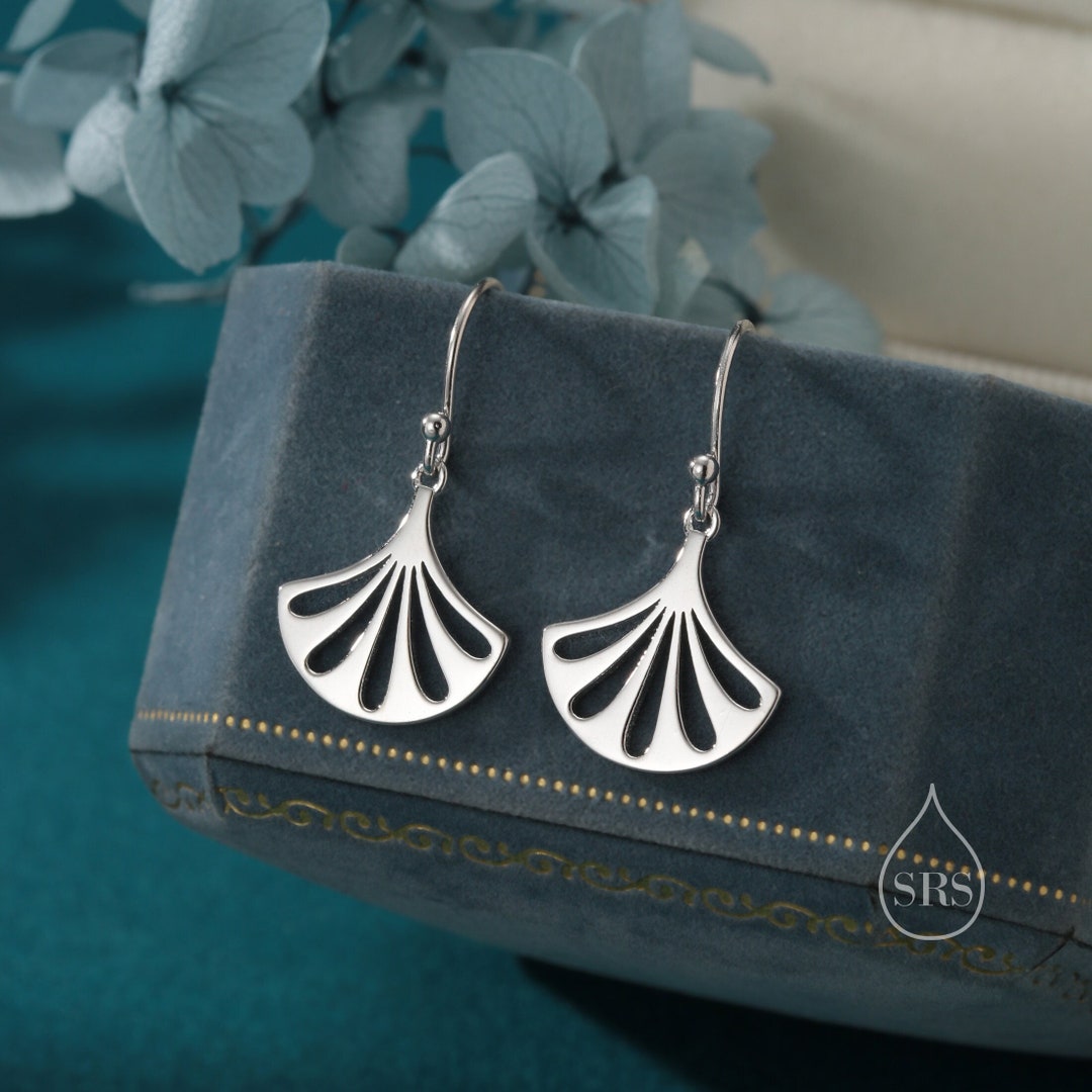 Art Deco Fan Drop Hook Earrings in Sterling Silver, Silver or Gold or ...
