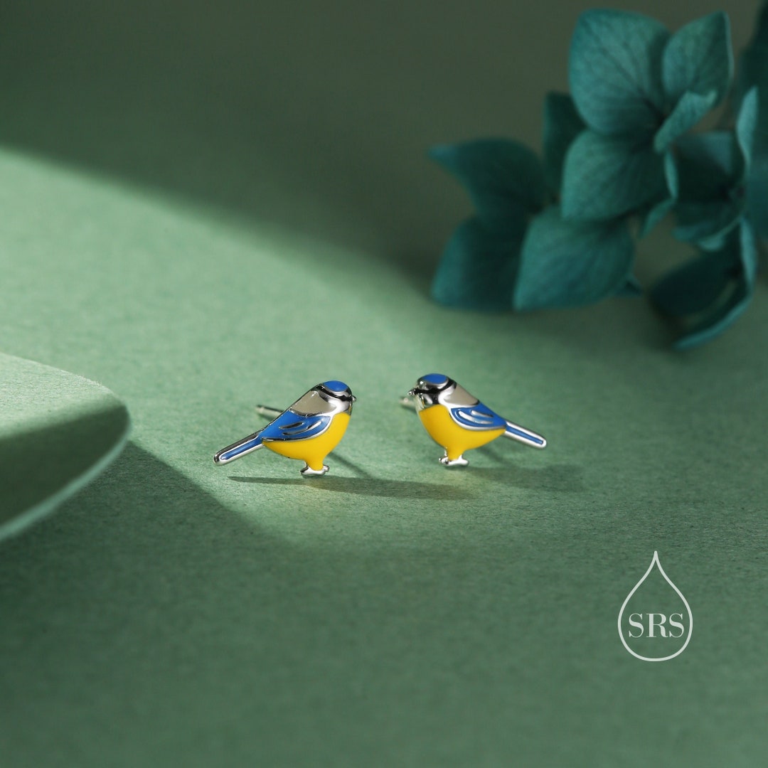 Blue Tit Bird Stud Earrings in Sterling Silver, Silver Blue Tit ...