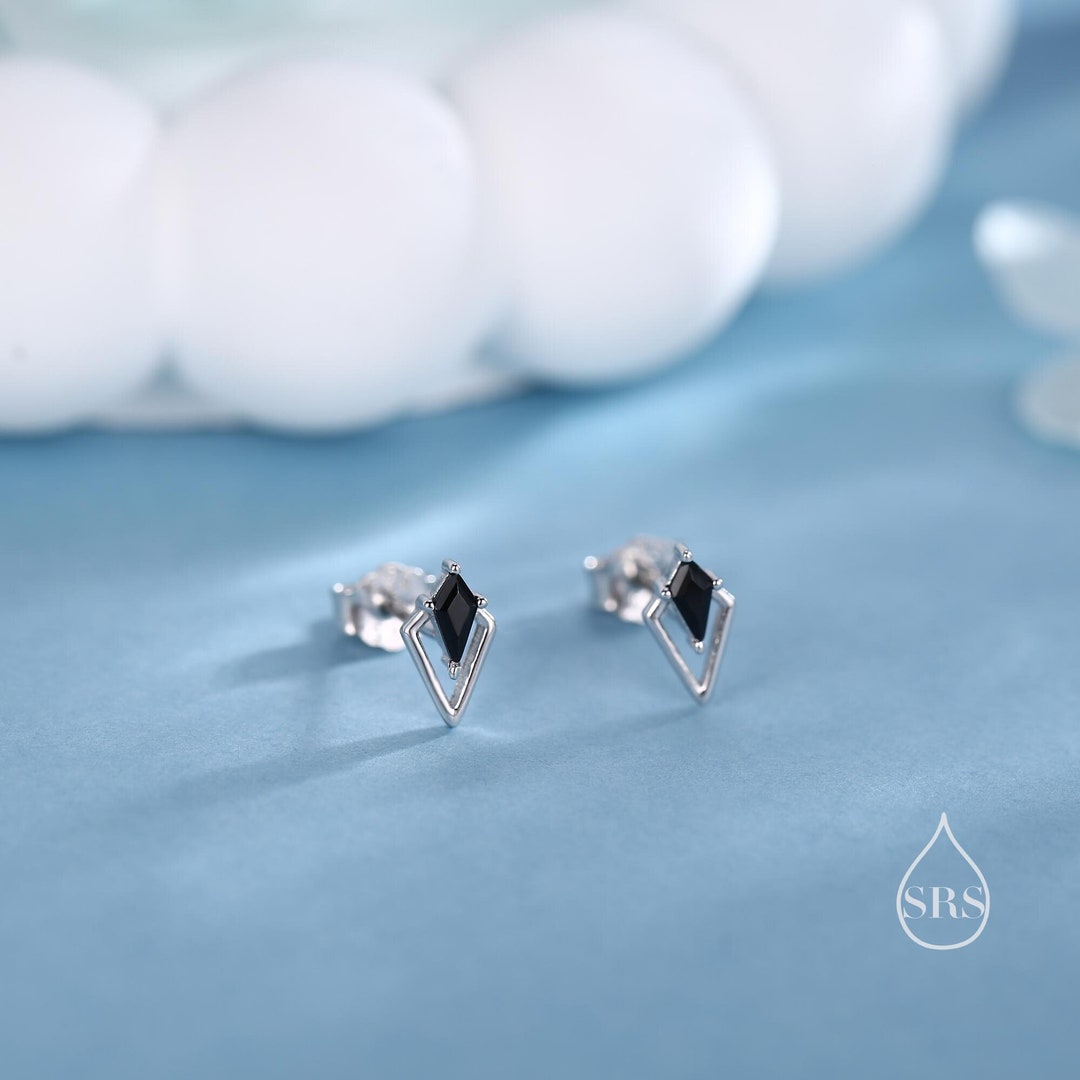 Art Deco Inspired Tiny Rhombus Black CZ Stud Earrings in Sterling ...