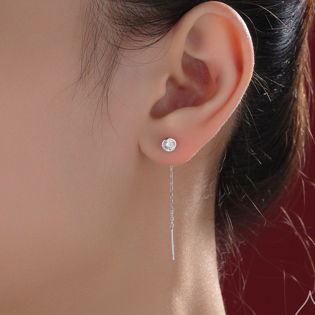 Delicate 4mm Bezel CZ Crystal Threader Earrings in Sterling Silver ...