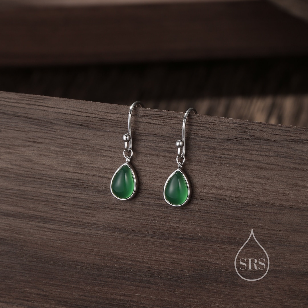 Pendientes de gancho con auténtica gota de ónix verde en plata de ley ...