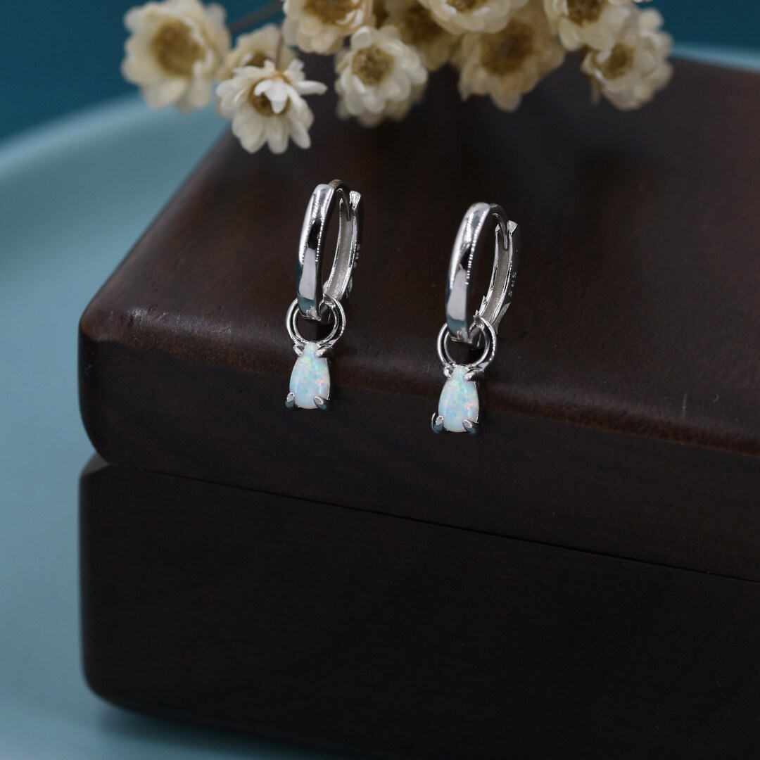 White Opal Droplet Huggie Hoop Earrings in Sterling Silver, Prong Set ...
