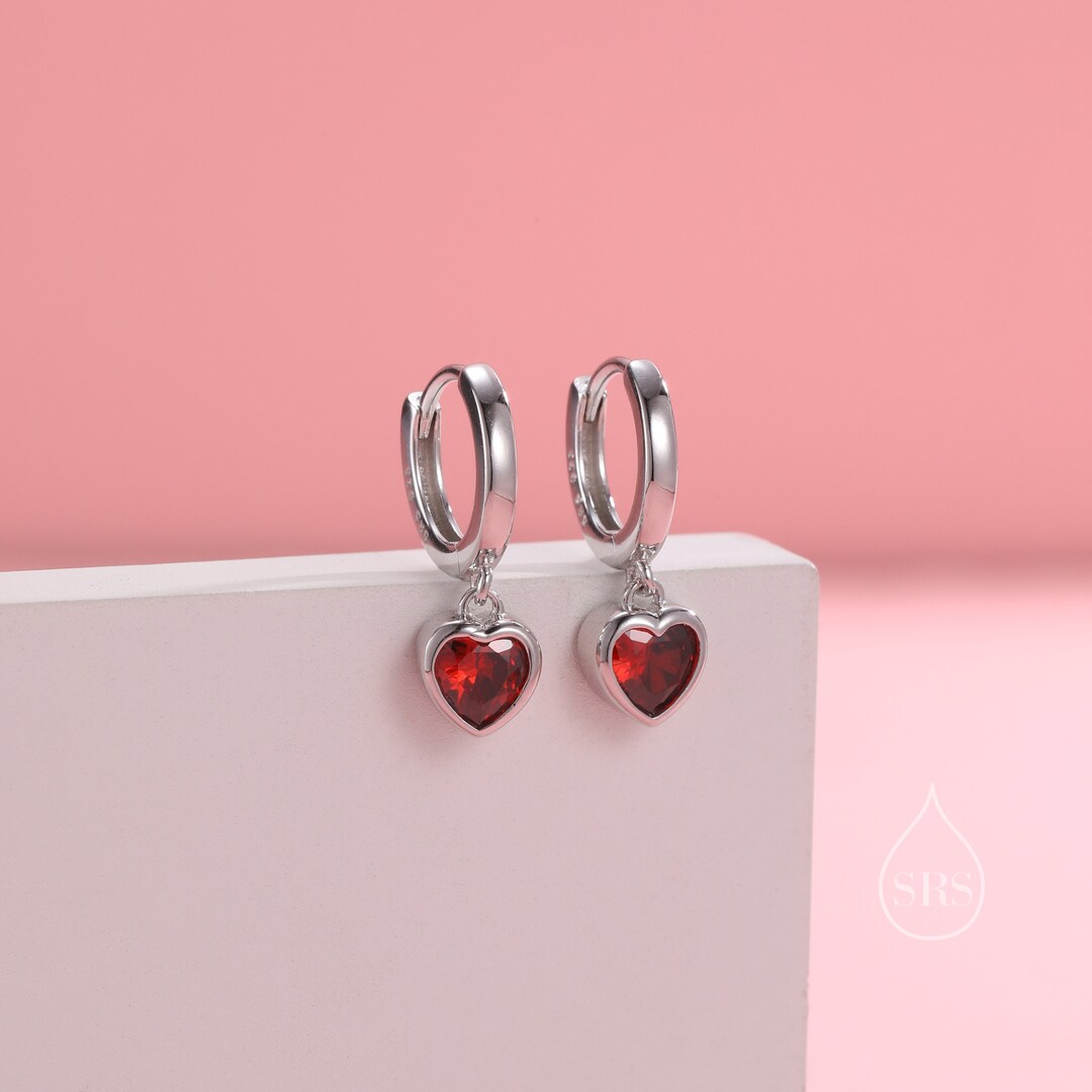Garnet Red CZ Heart Huggie Hoop in Sterling Silver, Silver or Gold ...
