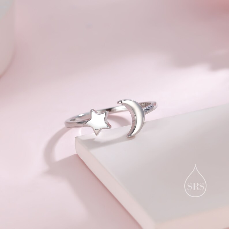 Sterling Silver Moon and Star Open Ring Adjustable Size - Etsy