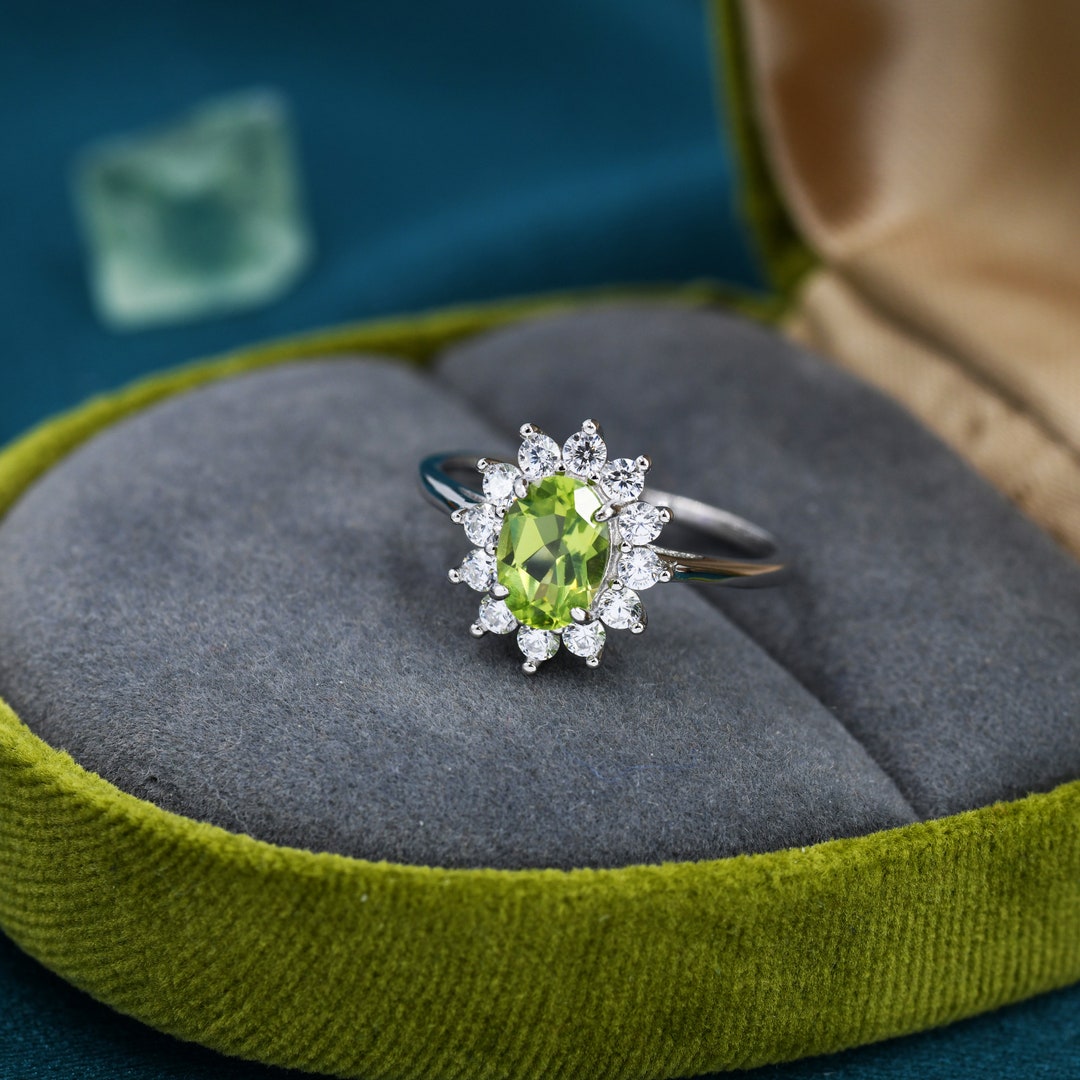 Genuine Peridot and CZ Halo Ring in Sterling Silver, Natural Peridot ...