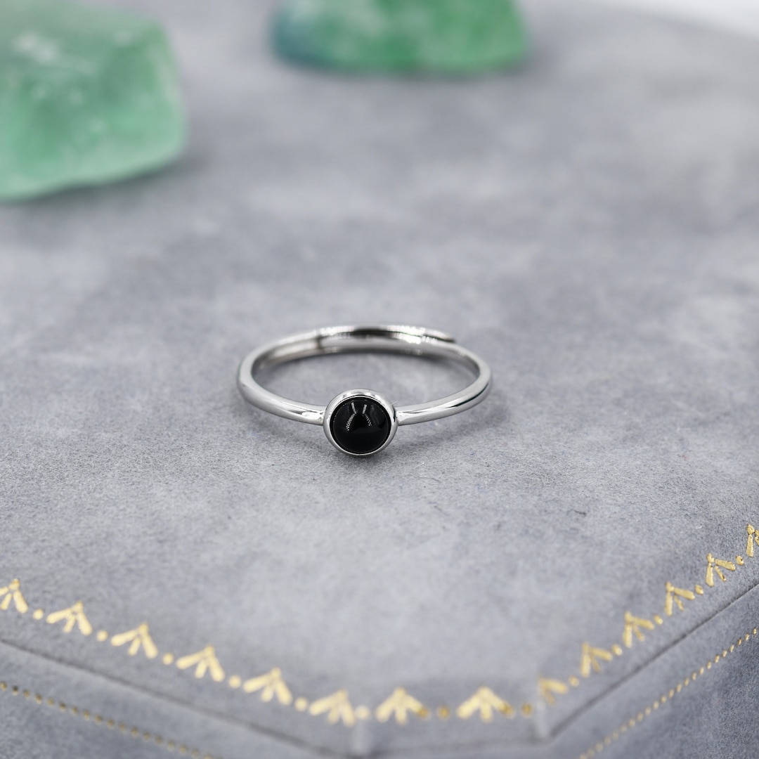 Minimalist Genuine Black Onyx Ring in Sterling Silver, 4mm Bezel Set Natural Black Onyx Ring ...