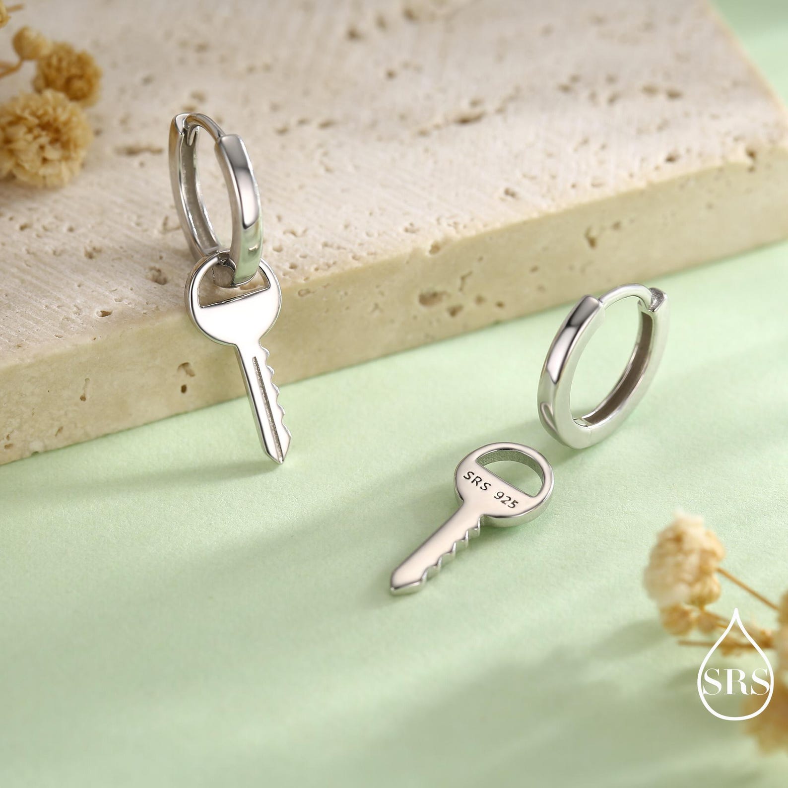 Dangling Key Hoop Earrings in Sterling Silver, Detachable Lock Charm ...