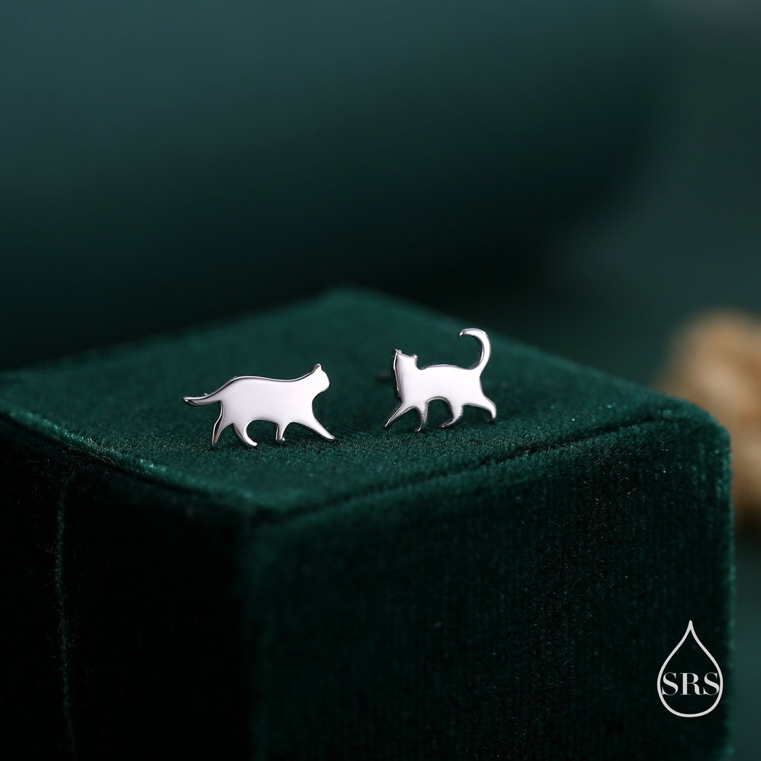 Tiny Mismatched Cat Stud Earrings in Sterling Silver, Silver or Gold or ...