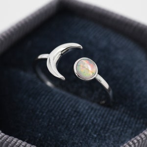 Sterling Silver Opal Moon Ring, Full Moon and Cresent Moon, Adjustable Sized Ring, Open Ring ...