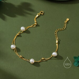 Sterling Silver Delicate Pearl and Silver Ball Beaded Bracelet, Double ...
