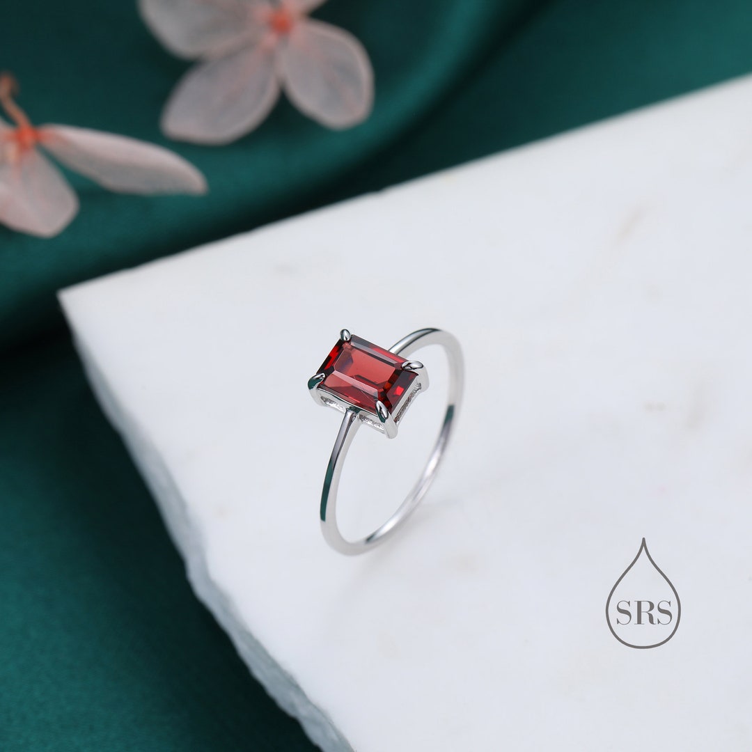 Genuine Emerald Cut Garnet Ring in Sterling Silver, Natural Garnet ...
