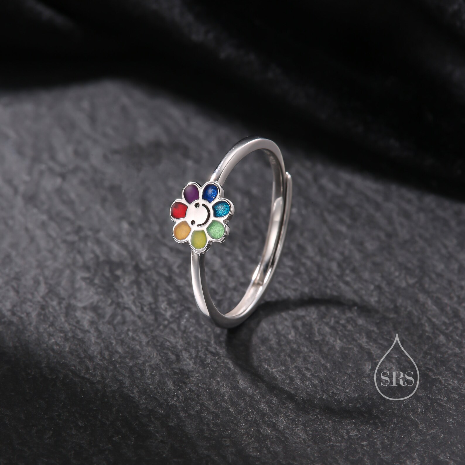 Sterling Silver Cute Little Smiling Flower Ring, Adjustable Size, Cute ...