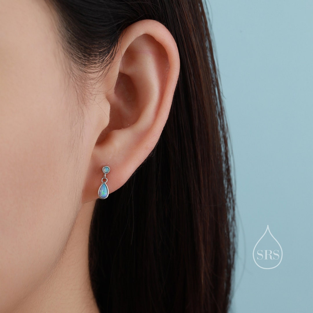 Tiny Opal Dangle Stud Earrings in Sterling Silver With Round and Droplet Opals, Silver or Gold ...