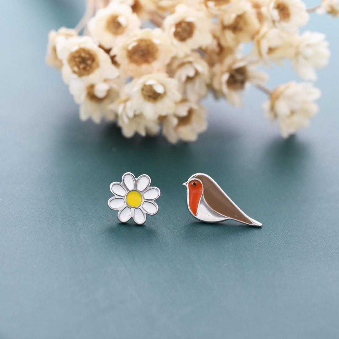 Mismatched Enamel Daisy and Robin Bird Stud Earrings in Sterling Silver ...