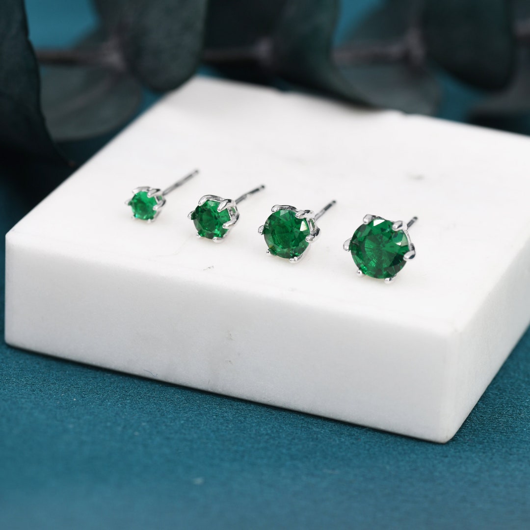 Emerald Green CZ Stud Earrings in Sterling Silver, Available in 3mm 4mm ...