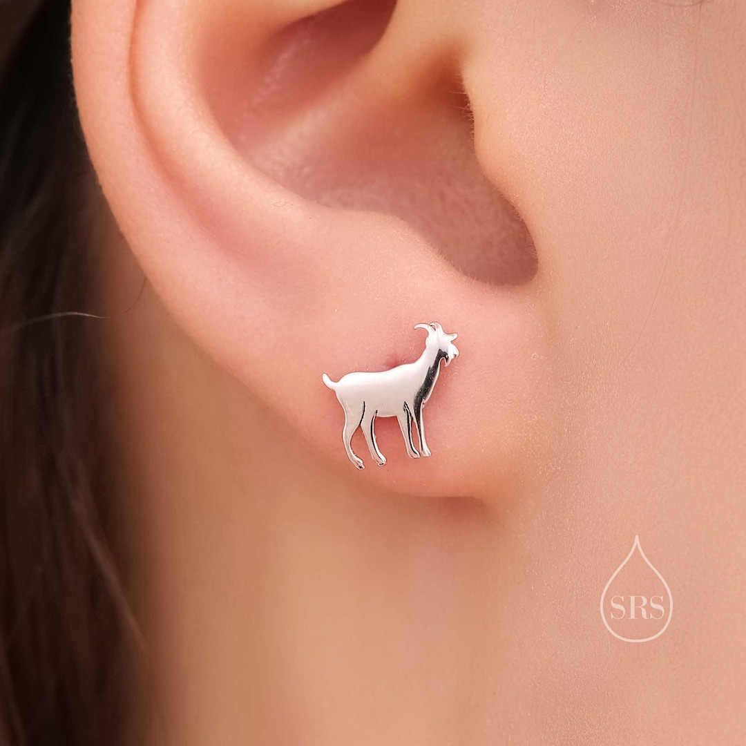 Tiny Goat Stud Earrings in Sterling Silver, Silver or Gold or Rose Gold ...