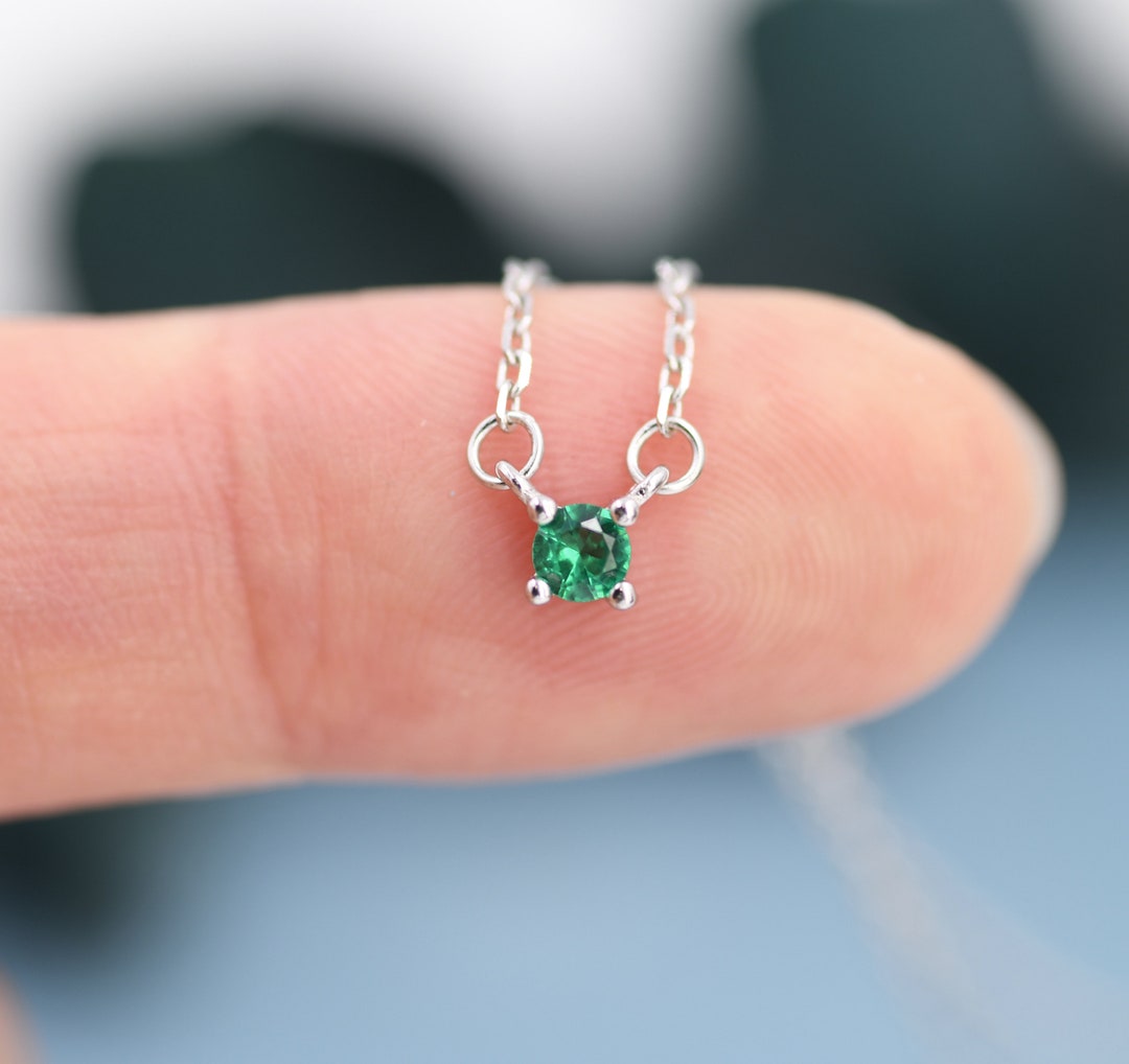 Extra Tiny Emerald Green CZ Necklace in Sterling Silver, Silver or Gold ...