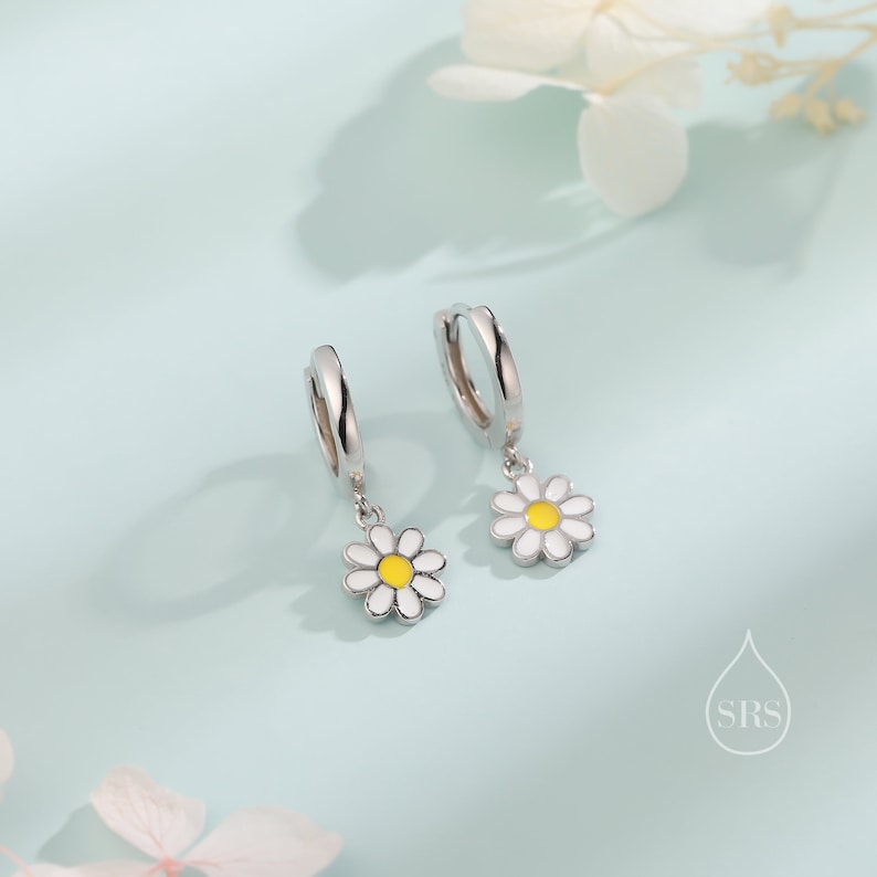 Sterling Silver Enamel Daisy Huggie Hoops, Dainty Dangle Daisy Earrings ...