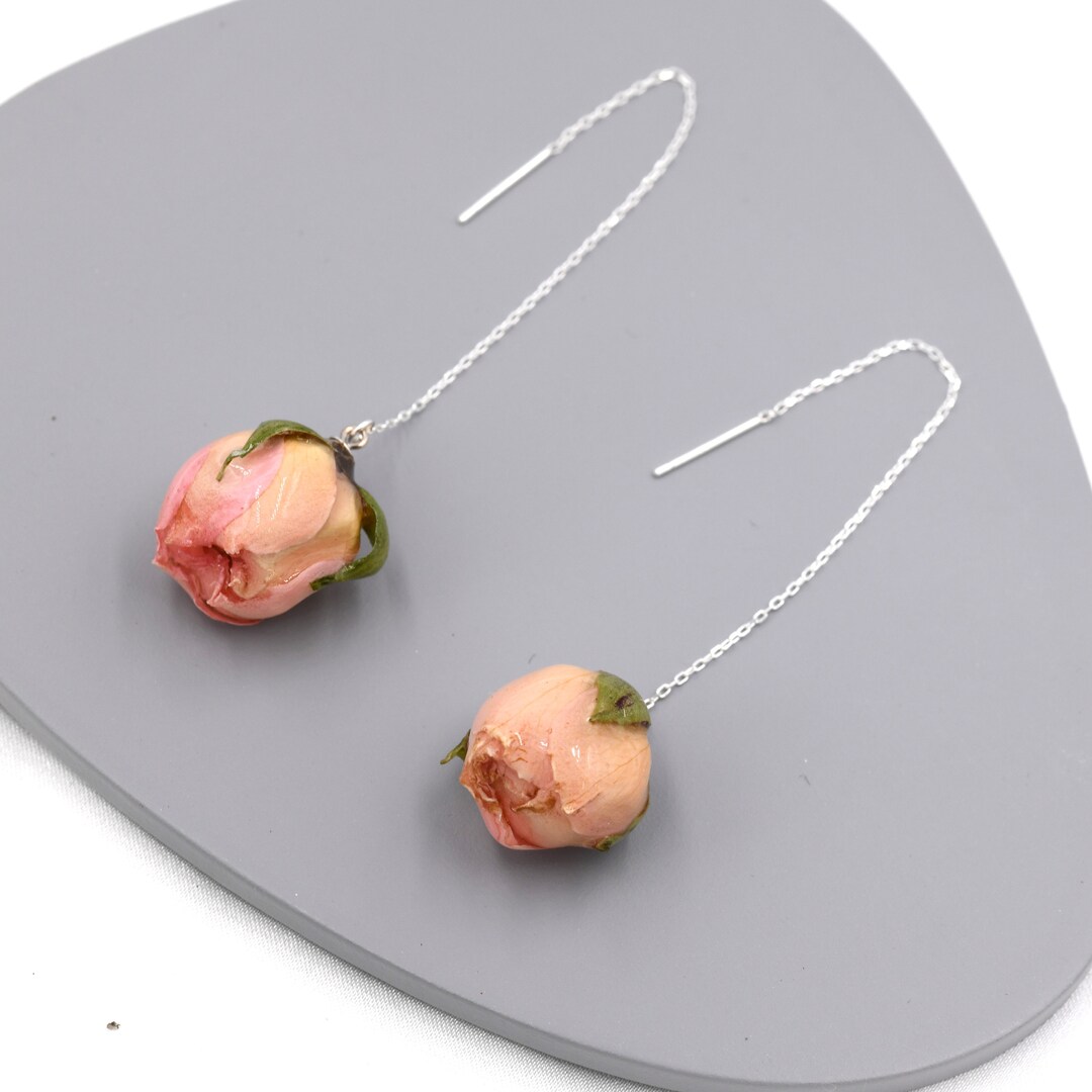 Real Rose Flower Threader Earrings in Sterling Silver, Real Flower Ear ...