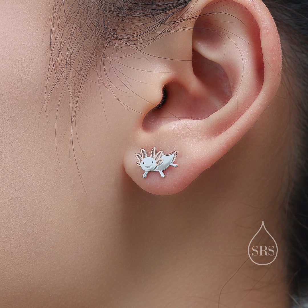 Tiny Axolotl Stud Earrings in Sterling Silver - Sea Creature Stud ...