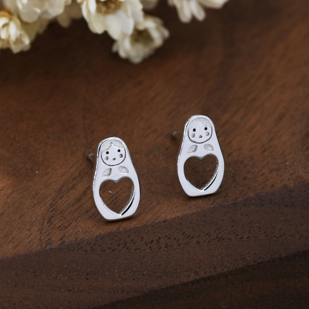 Sterling Silver Nesting Doll Stud Earrings, Silver Finish or Gold ...