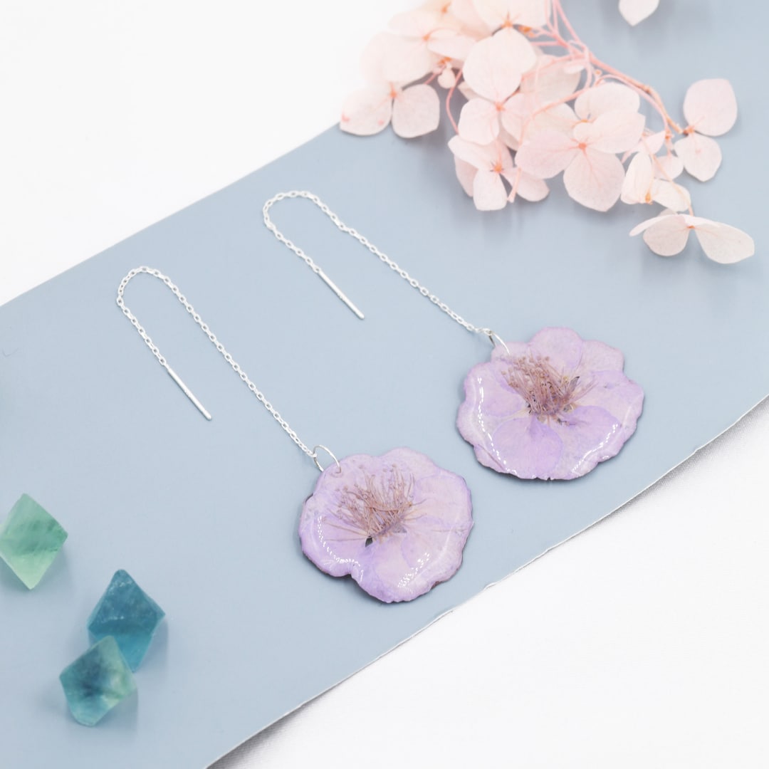 Real Cherry Blossom Flower Threader Earrings in Sterling Silver, Real ...