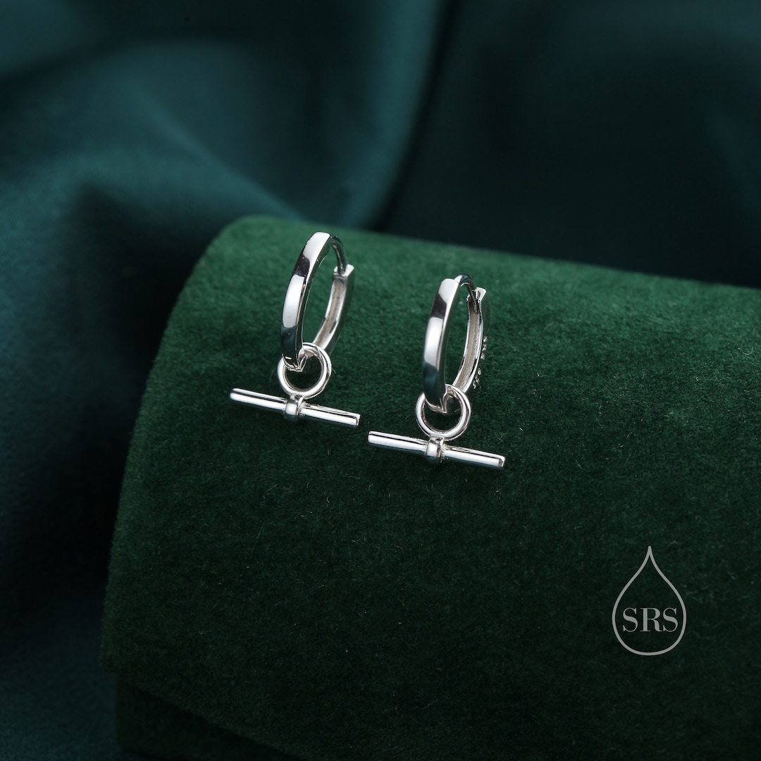 Sterling Silver Horizontal Bar Dangle Hoop Earrings, Detachable Charm ...