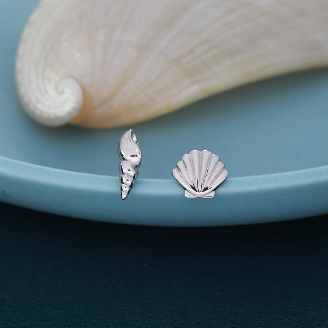 Mismatched Tiny Seashell Stud Earrings in Sterling Silver, Asymmetric ...
