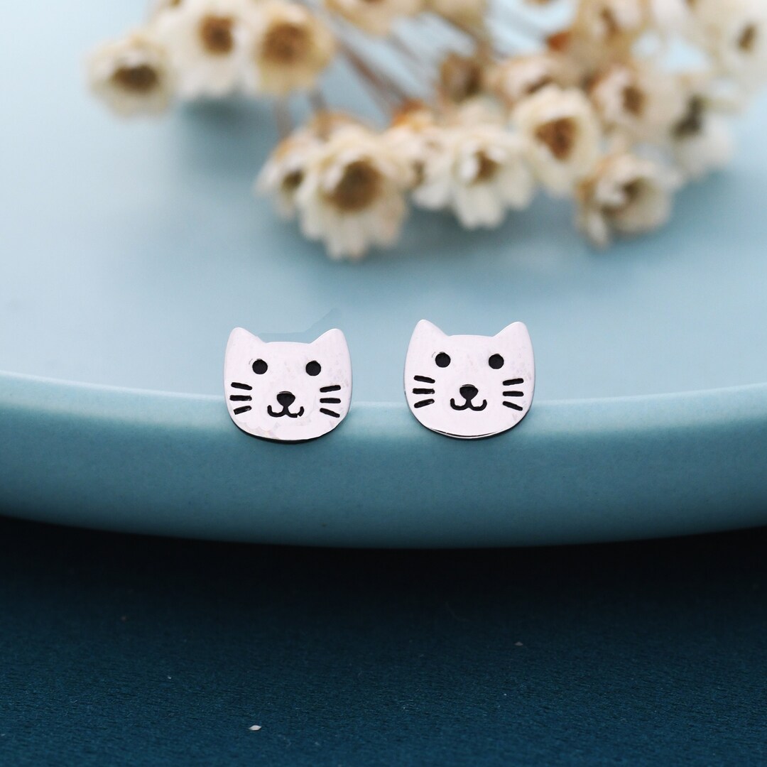 Cute Little Cat Stud Earrings in Sterling Silver - Kawai Cat - Animal ...