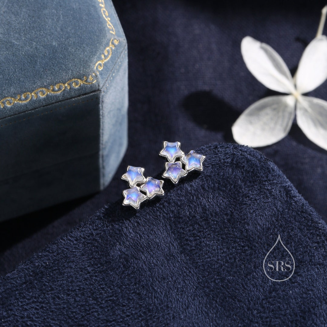 Three Moonstone Star Stud Earrings in Sterling Silver, Silver or Gold ...
