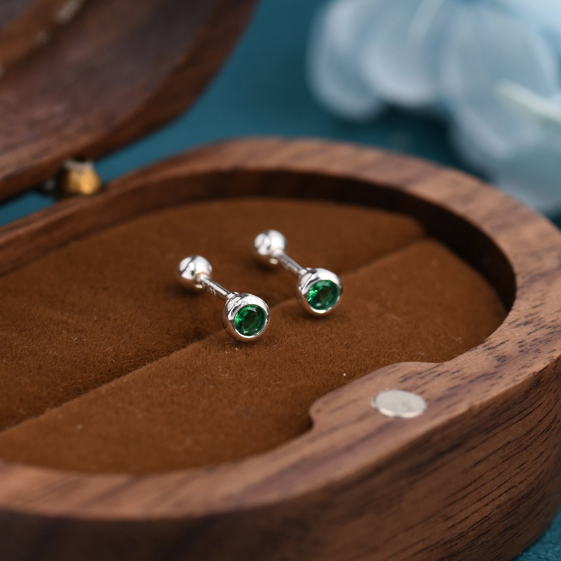 Tiny Emerald Green CZ Barbell Earrings in Sterling Silver, 3mm CZ Screw ...