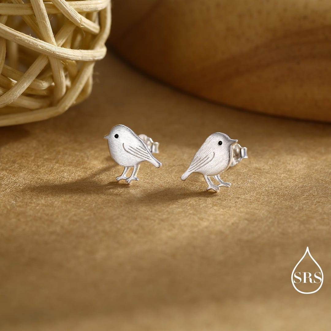 Chickadee Bird Stud Earrings in Sterling Silver, Brushed Textured ...
