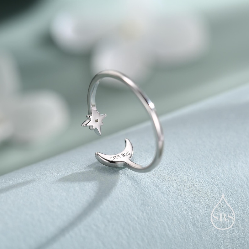 Sterling Silver Moon and Star Open Ring, Adjustable Size, Silver or ...