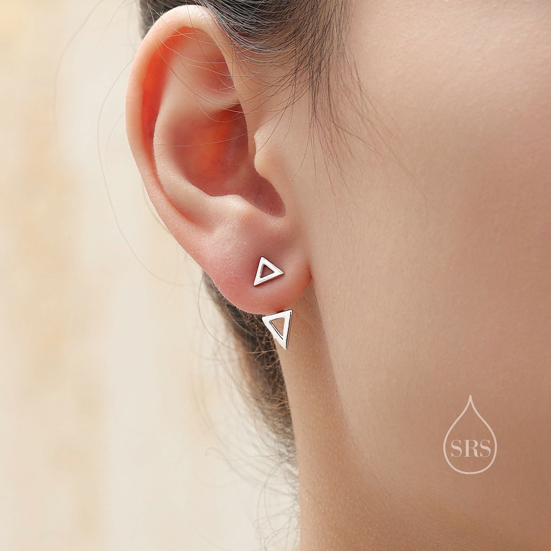 Double Triangle Ear Jacket in Sterling Silver, Silver or Gold or Rose Gold, Cut Out Triangle ...