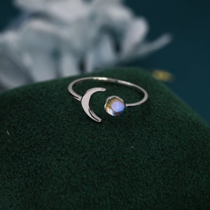 Sterling Silver Moonstone Moon Ring, Full Moon and Cresent Moon, Adjustable Sized Ring, Open ...