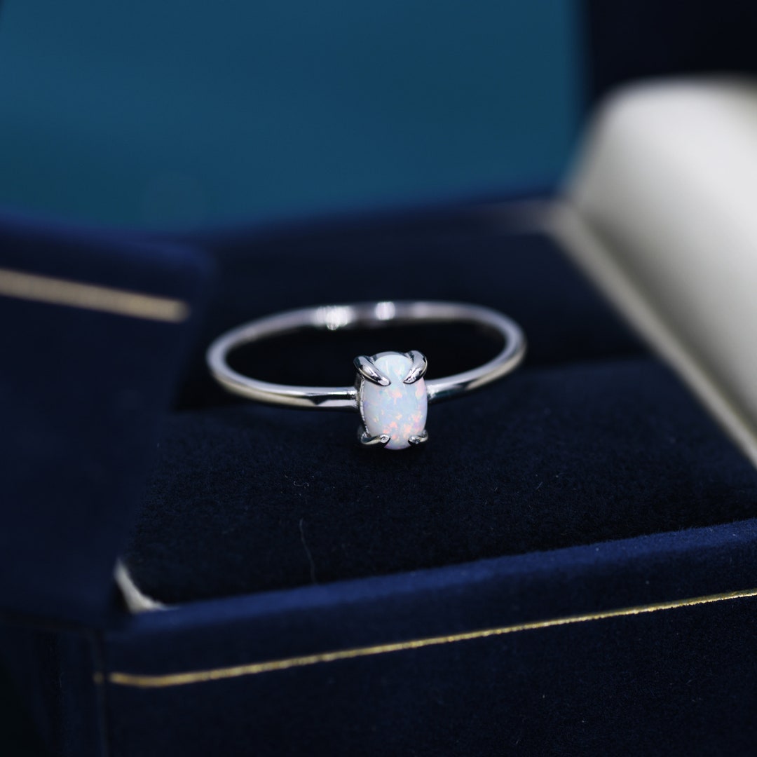 Fire Opal Ring in Sterling Silver, US 5 - 8, 4x6mm, Lab Opal Stone Ring, White Opal Ring - Etsy