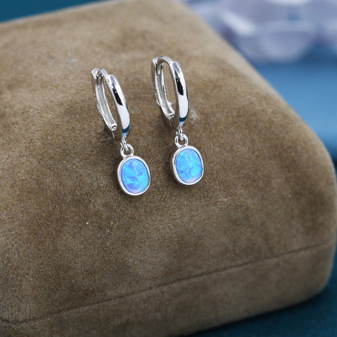Sterling Silver Dangling Oval Blue Opal Hoop Earrings, Blue Opal Charm ...