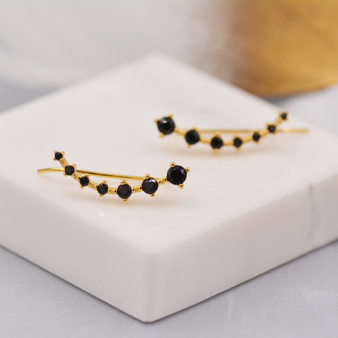 Black and Gold Ear Crawlers in Sterling Silver - Black Ear Climbers ...