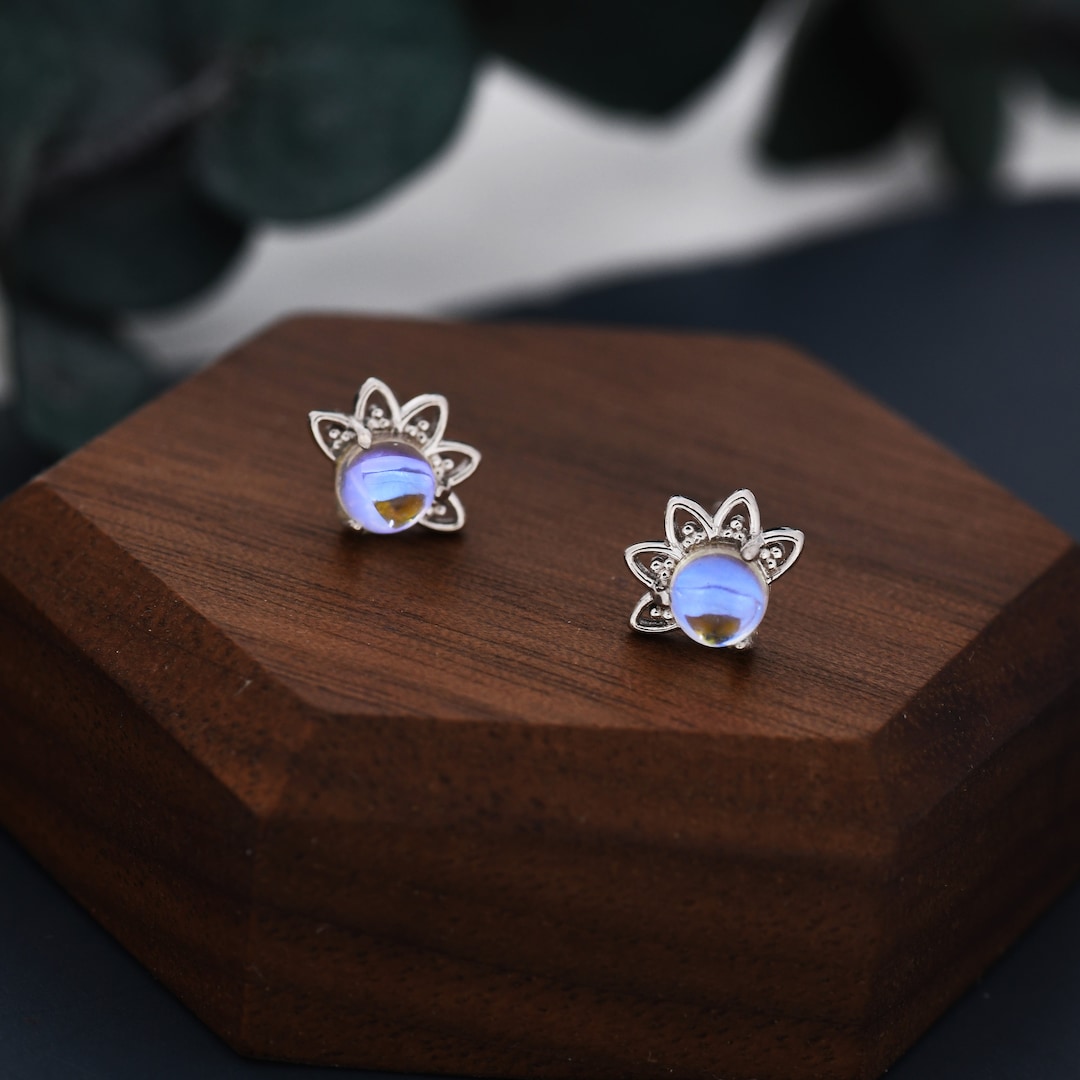 Sterling Silver Moonstone Crown Stud Earrings, Prong Set, Simulated ...