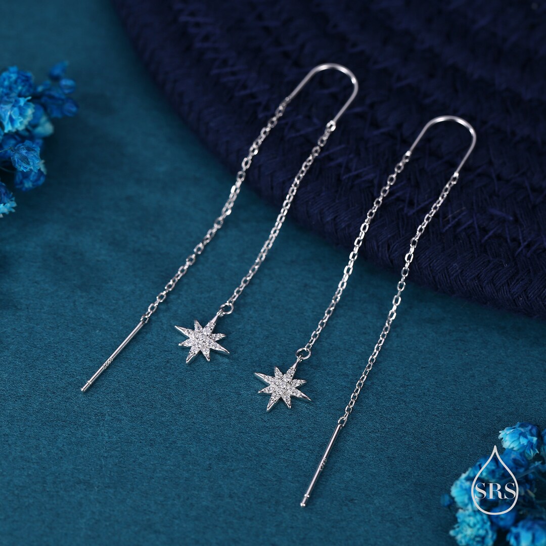 Starburst Threader Earrings in Sterling Silver, North Star U Shape Ear ...