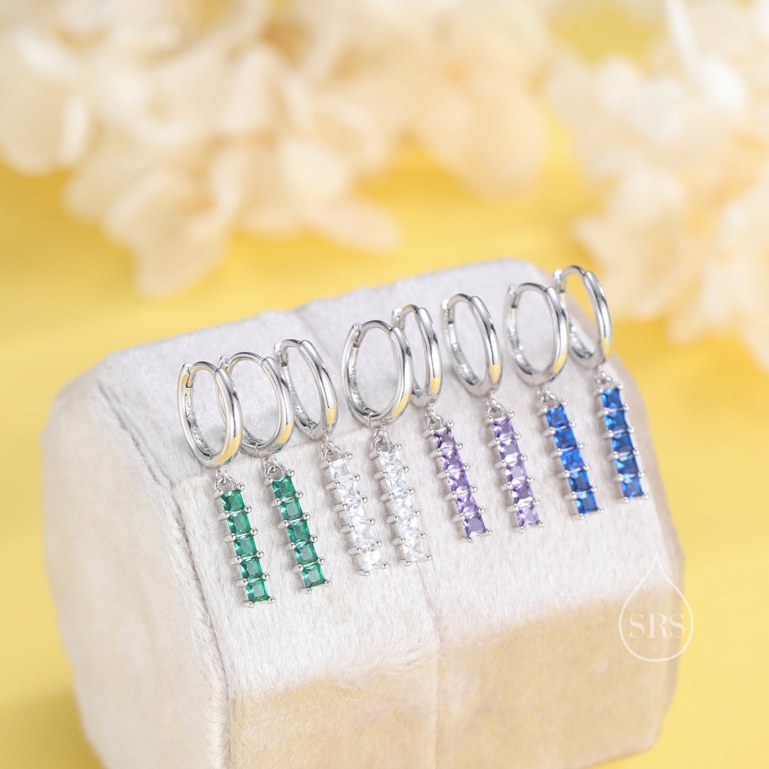 Sterling Silver Dangle CZ Bars Huggie Hoop Earrings, 8mm Hoops With CZ ...