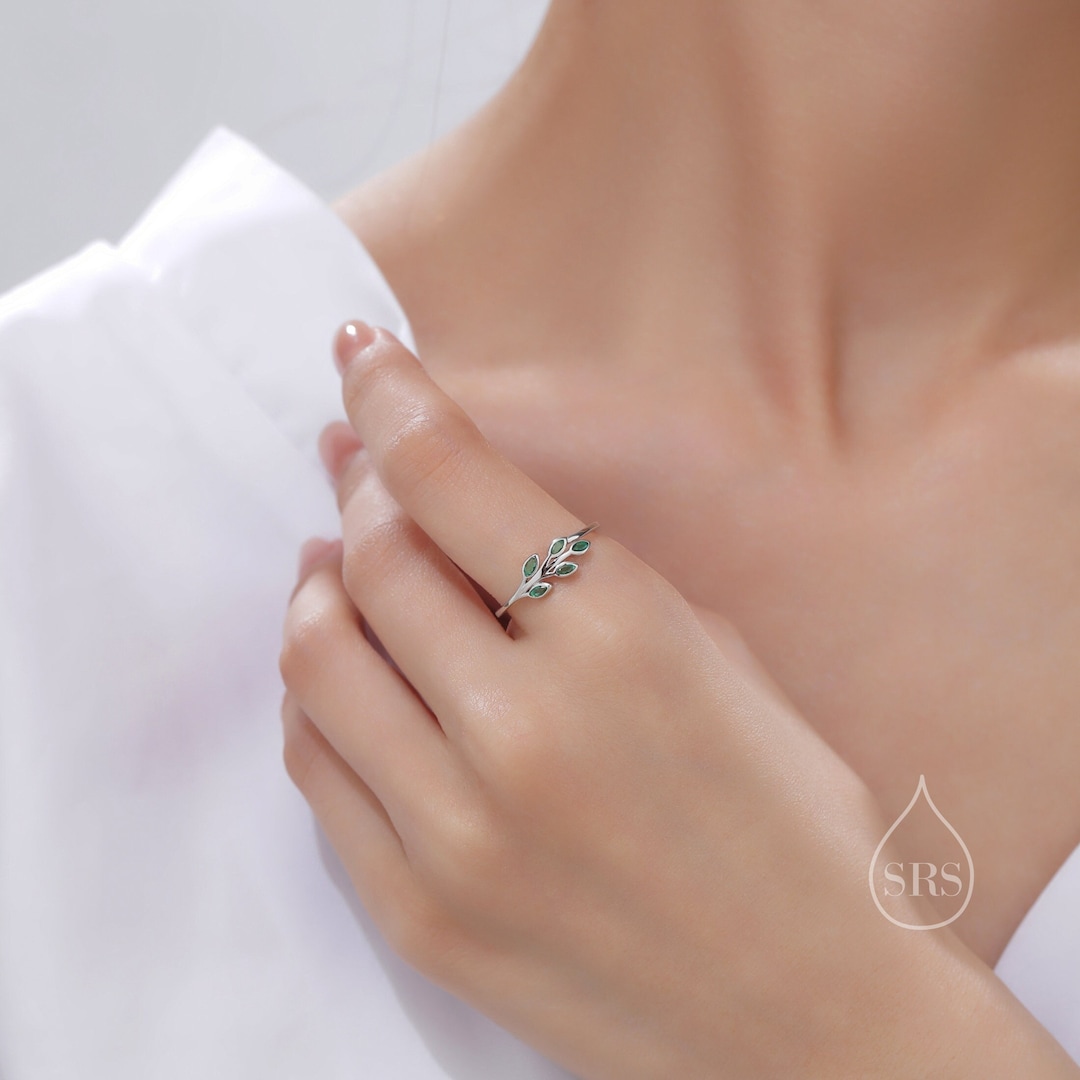 Sterling Silver Green CZ Leaf Ring, Small Olive Leaf Ring, Nature Inspired Leaf Ring, Green Leaf ...