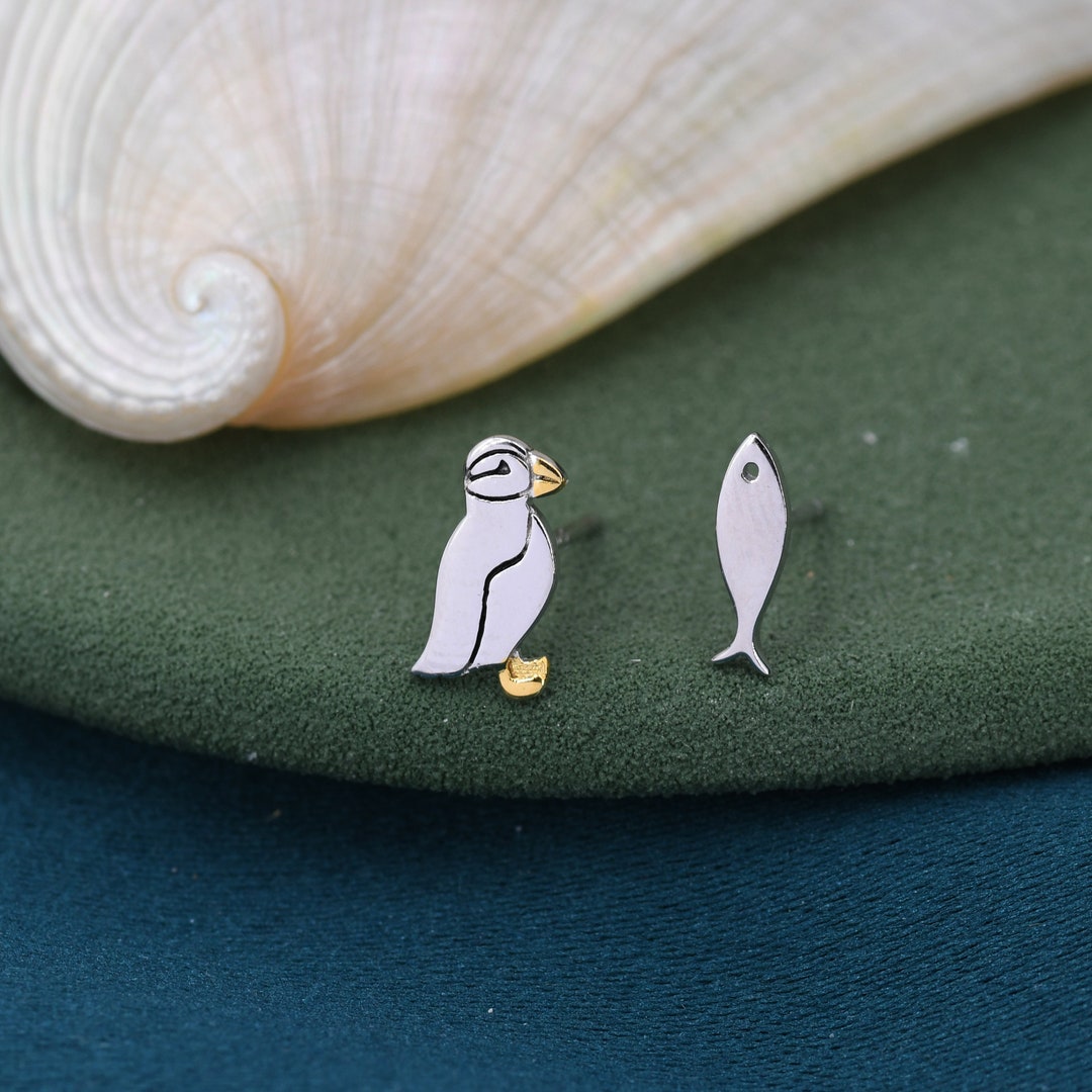 Mismatched Puffin Bird and Fish Stud Earrings in Sterling Silver ...