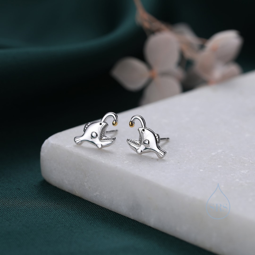 Anglerfish Stud Earrings in Sterling Silver, Anglerfish Earrings, Fish ...
