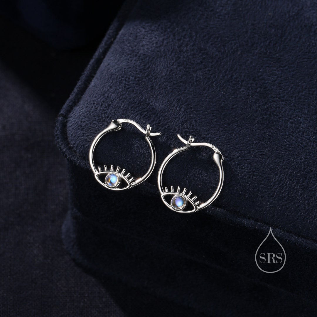 Moonstone Eye Hoop Earrings in Sterling Silver, Silver or Gold Evil Eye ...
